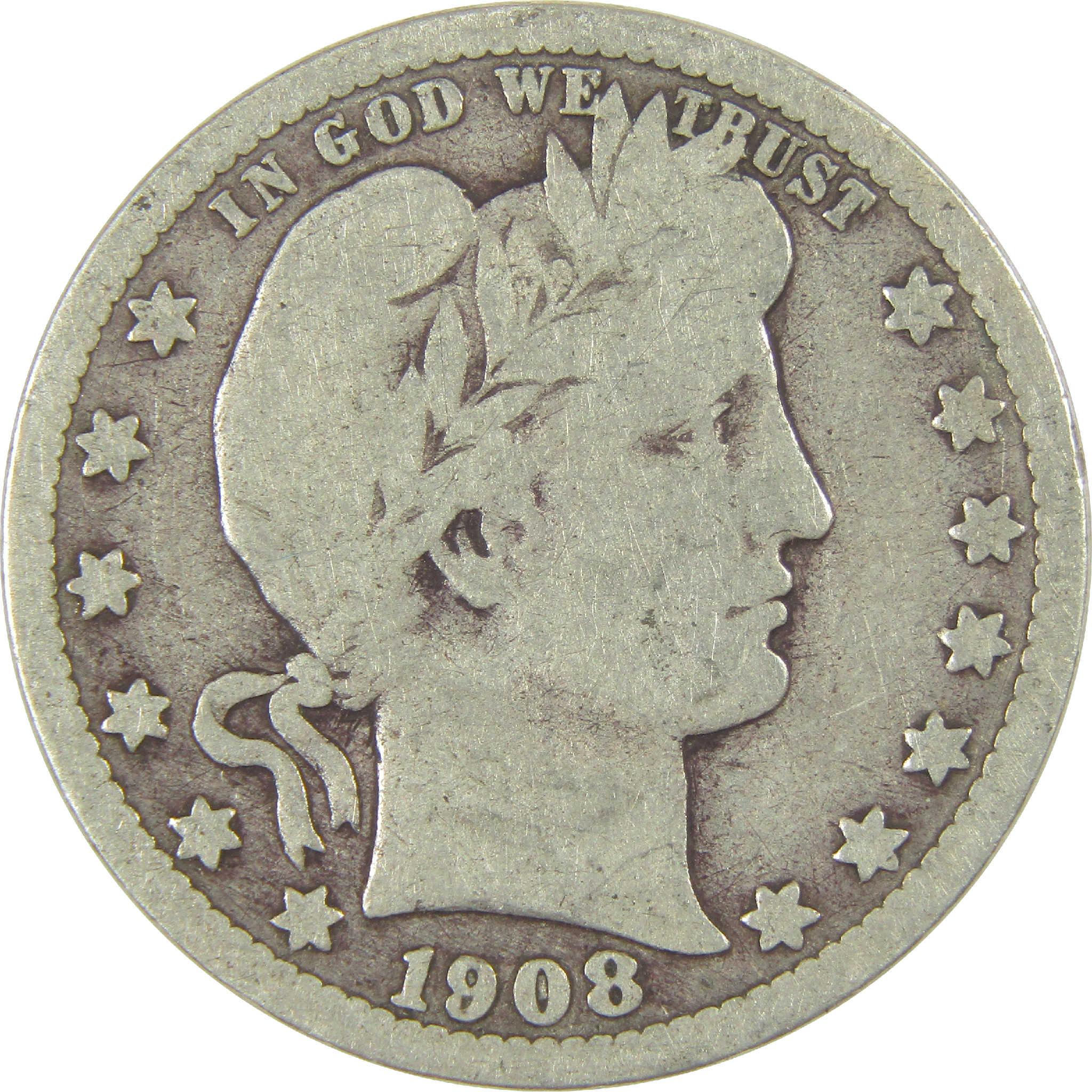1908 D Barber Quarter G Good Silver 25c Coin