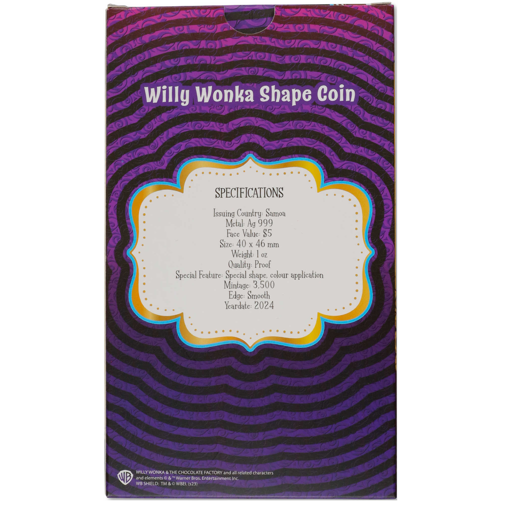 Willy Wonka Shaped 1 oz .999 Silver Proof $5 Coin 2024 Samoa COA